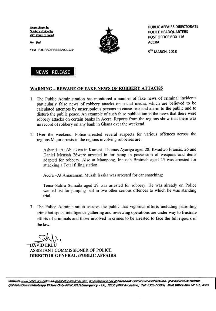 Fake News: Police Warns Of False Robbery Reports - DailyGuide Network